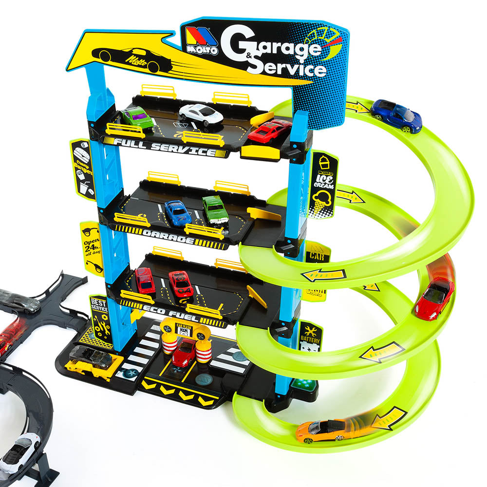 4-storey toy car park with tracks and 5 cars | Juego y Jardín